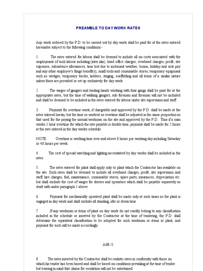 Preambles To Daywork Rates and Daywork Rates For Labour and Plant | PDF ...