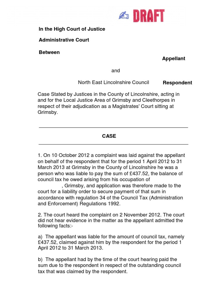 Case Stated Draft Redacted PDF | PDF | Costs In English Law | Taxes