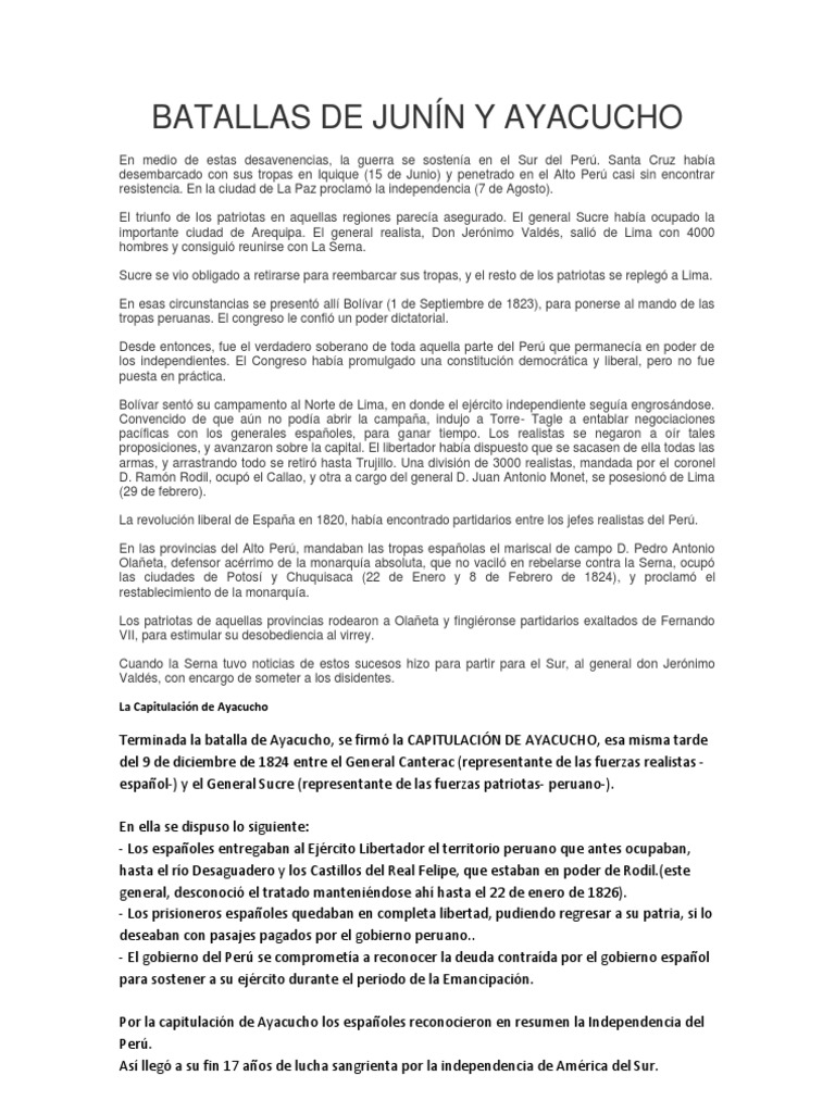 Batallas de Junín y Ayacucho: Resumen | PDF | Operaciones militares | America latina