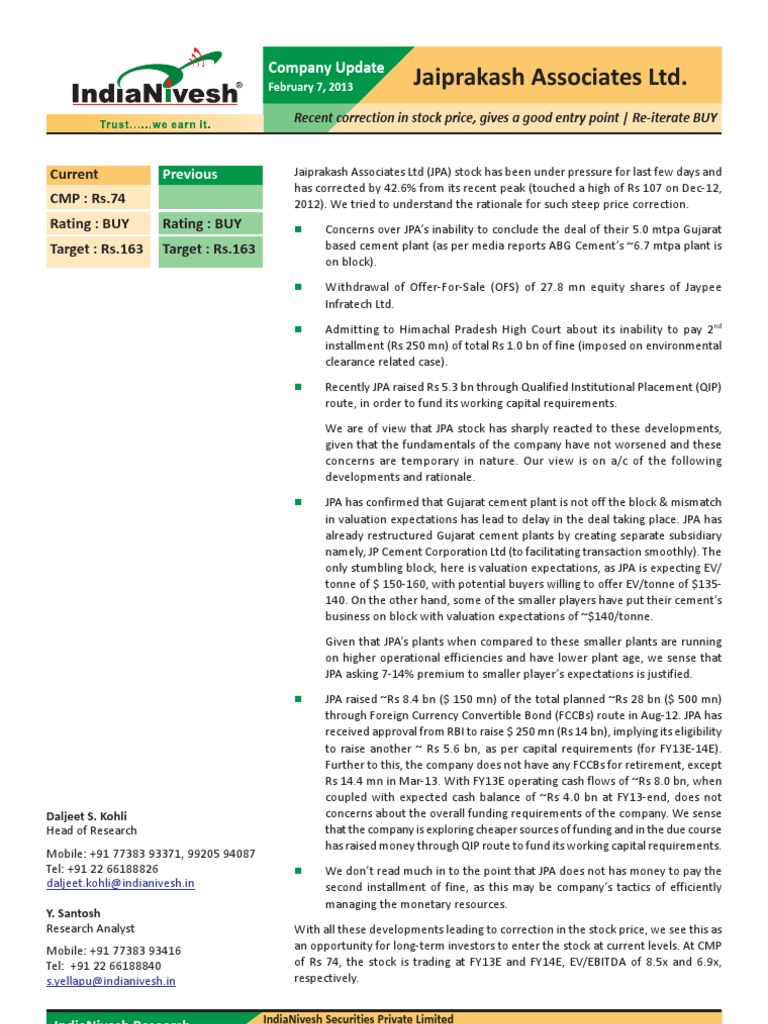 Jaiprakash Associates LTD.: Company Update | Download Free PDF ...