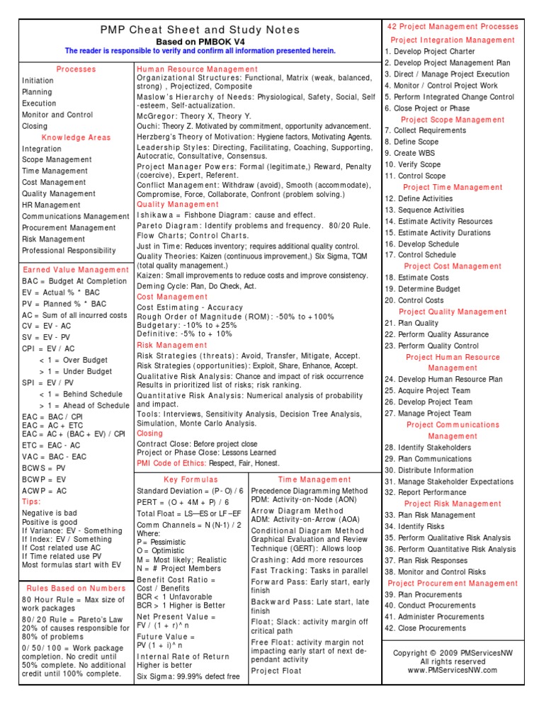 PMP Cheat Sheet PDF | PDF | Risk Management | Project Management