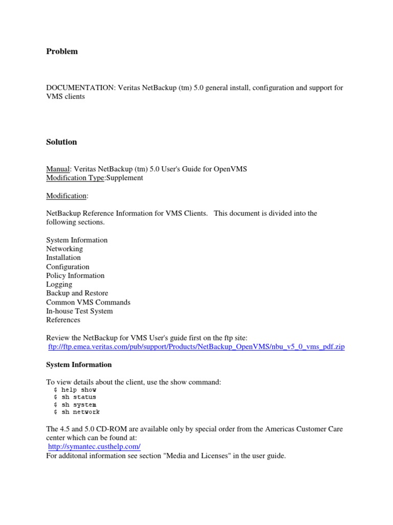 Documentation Veritas Netbackup Tm 5 0 General Install Configuration And Support For Vms