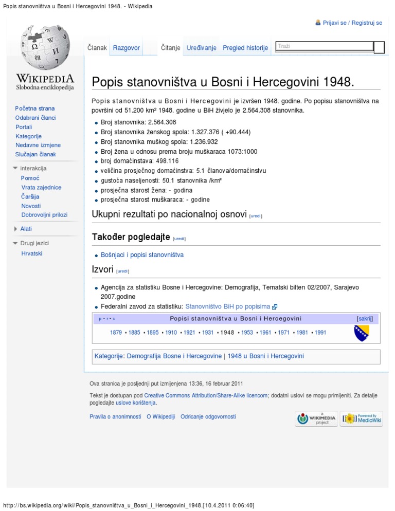 Popis Stanovnistva U Bosni I Hercegovini 1948. - Wikipedia | PDF