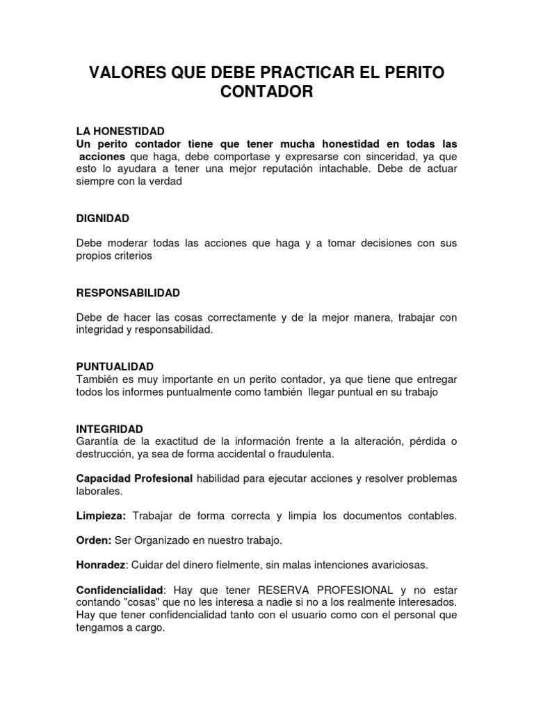 Valores Que Debe Practicar El Perito Contador y Perfil | PDF | Contador ...