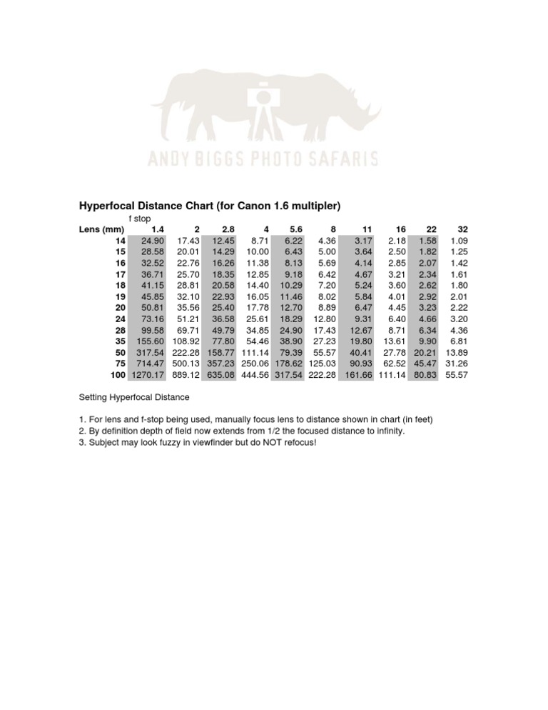 Hyperfocal Distance Chart 01 For Canon 1.6 Multipliers PDF | PDF