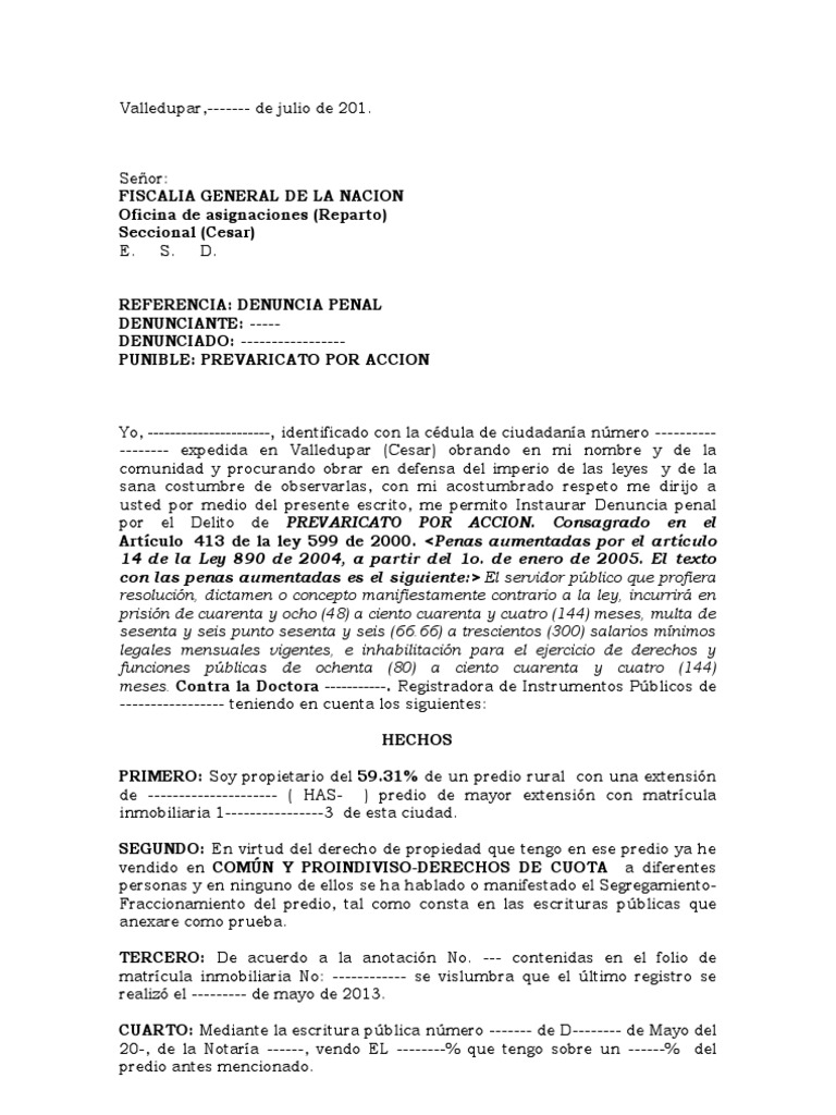 Modelo Denuncia Penal | PDF | Derecho penal | Caso de ley