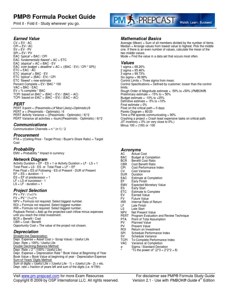 PMP Formula Pocket Guide | PDF | Depreciation | Business Economics