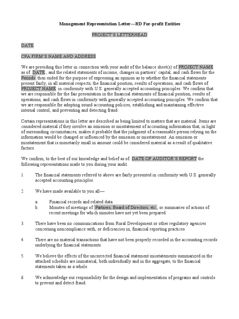 Management Representation Letter Template | PDF | Audit | Financial ...