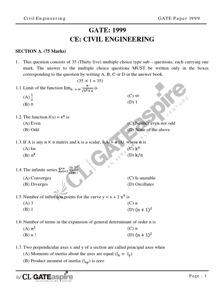 CE 1999 GATE Question Paper | PDF | Beam (Structure) | Bending