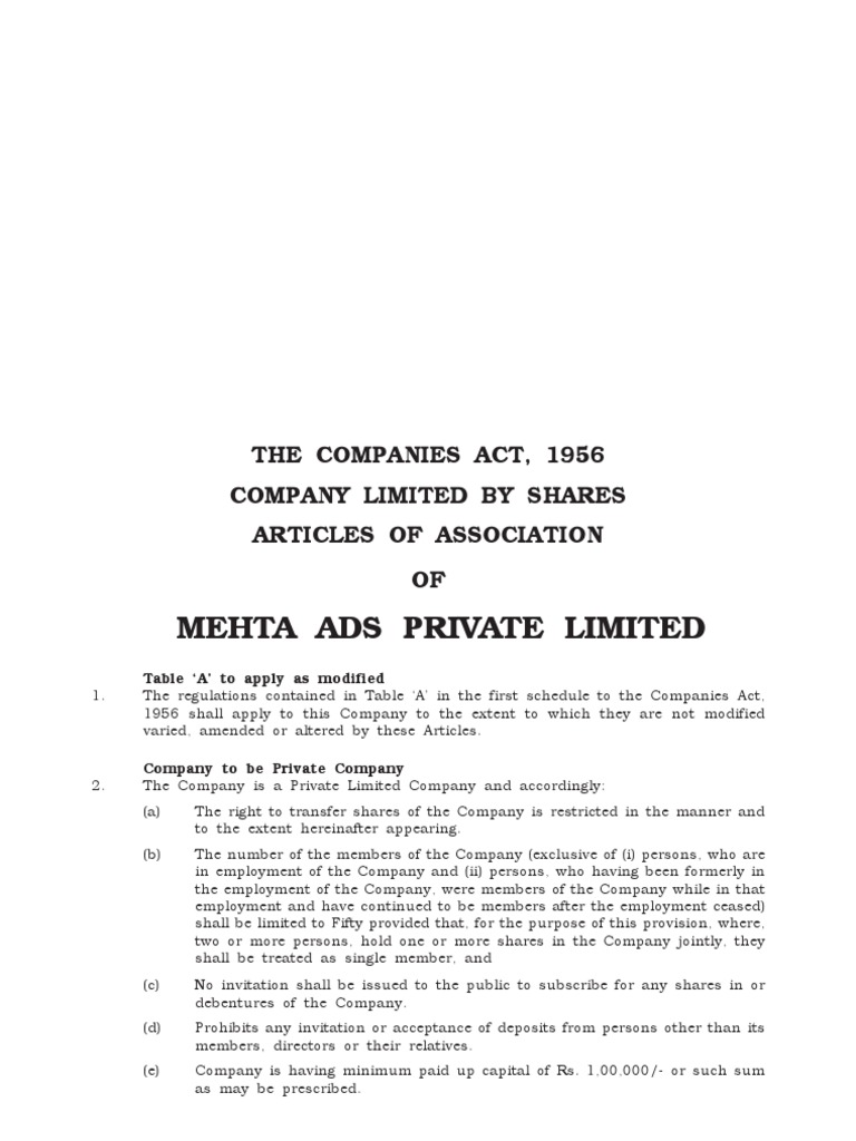 Articles of Association for Mehta ADS Pvt. Ltd. | PDF | Board Of ...