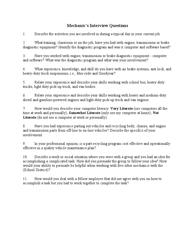 Mechanic Interview Questions Guide | PDF | Business