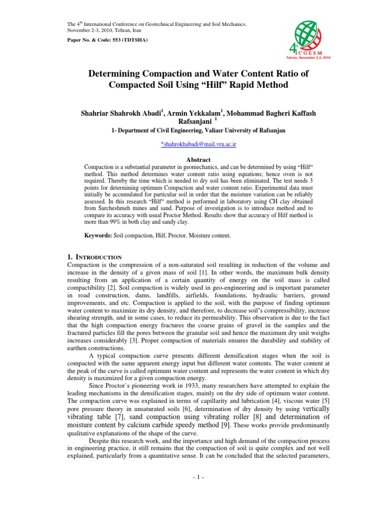 Compaction and Water Content Ratio of Compacted Soil Using Hilf Rapid ...