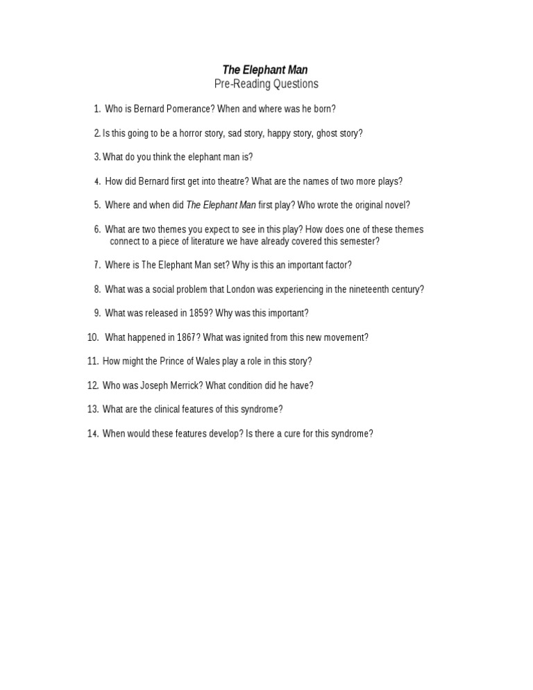 The Elephant Man Pre-Reading Activities | PDF