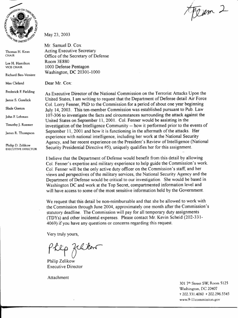 DM B8 Team 2 FDR - 5-23-03 Zelikow Request To DOD To Detail Lorry ...