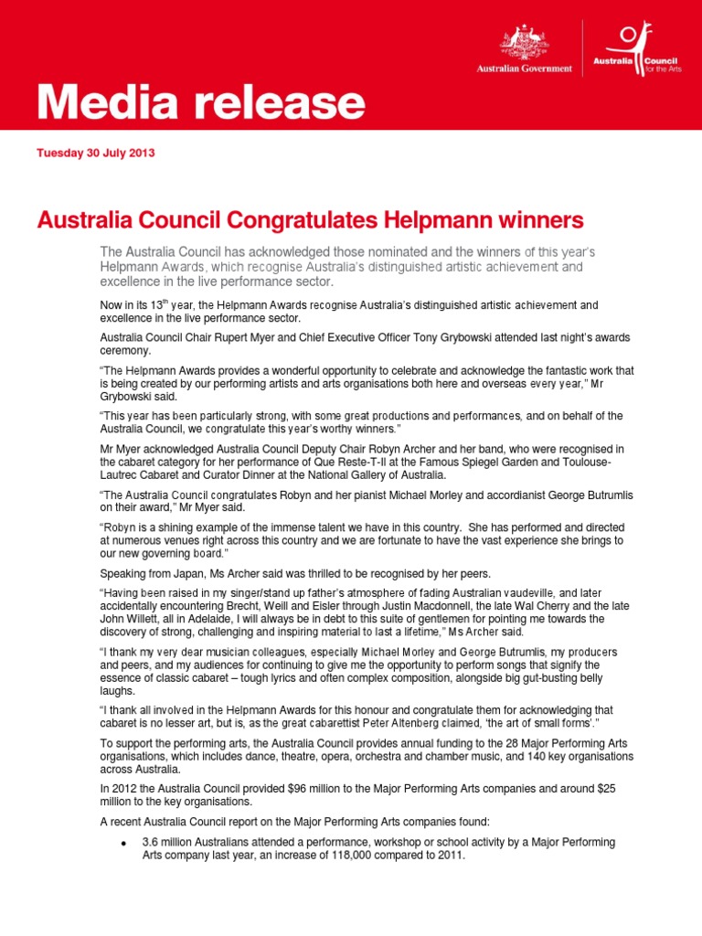 MEDIA RELEASE Helpmann Awards | PDF | Performing Arts | Australia