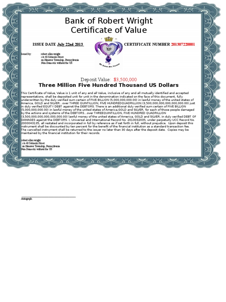 Bob Wright's Certificate of Value | PDF