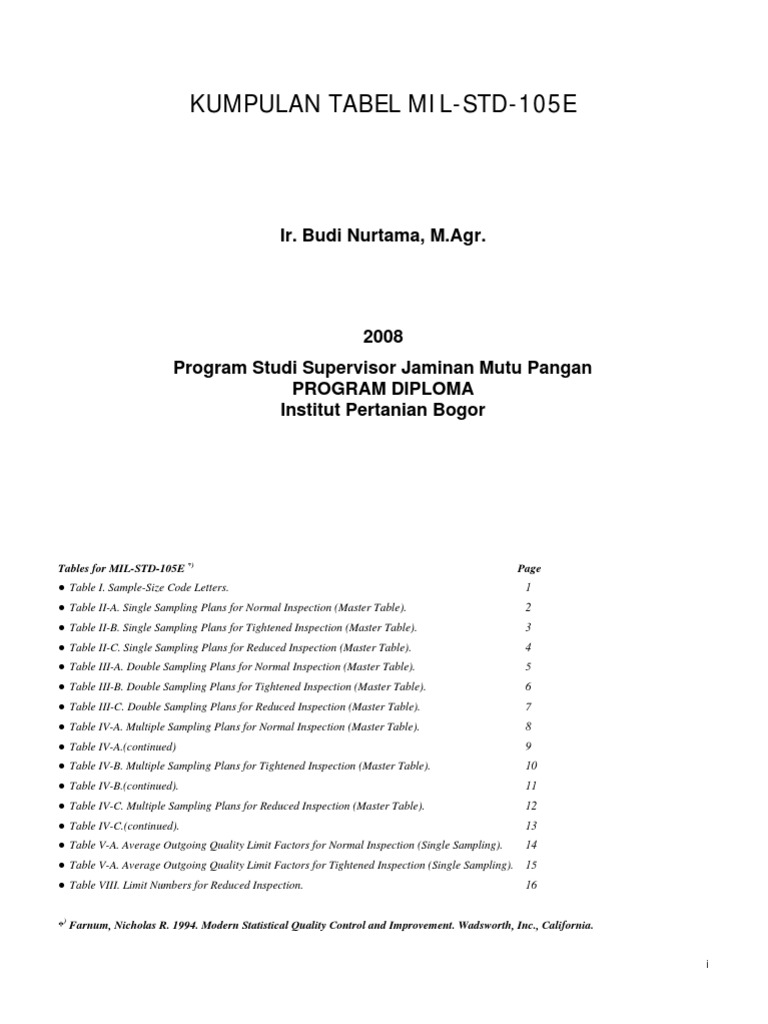 Table Mil STD 105e | PDF | Pengambilan Sampel (Statistik) | Pengumpulan ...
