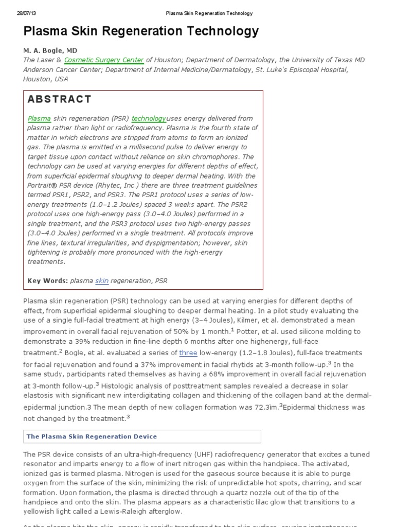 Plasma Skin Regeneration Technology PDF | PDF | Anesthesia | Plasma ...