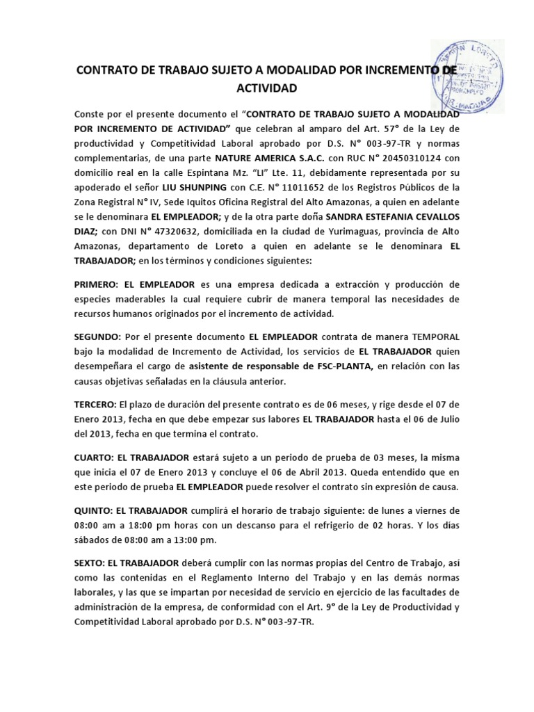 Contrato de Trabajo Sujeto A Modalidad Por Incremento de Actividad | PDF | Derecho laboral ...