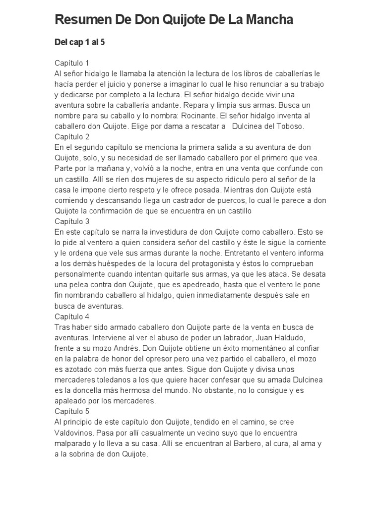 Resumen de Don Quijote: Capítulos 1-5 | PDF