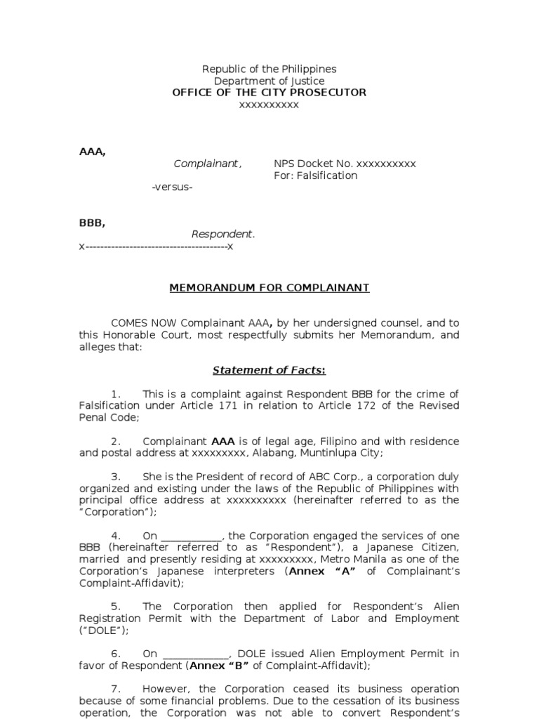 Sample Memorandum For The Prosecution - Falsification Case | PDF ...
