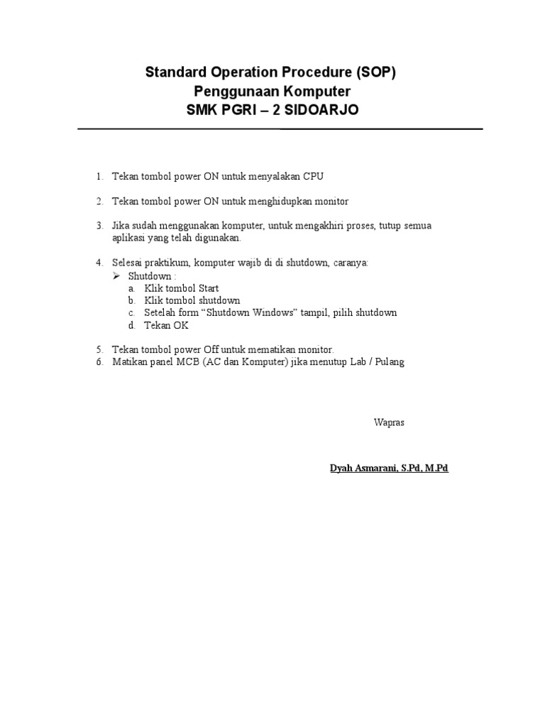 SOP Penggunaan Komputer SMK PGRI 2 | PDF | Teknologi & Rekayasa