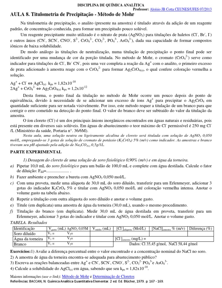 AULA 8. Titulometria de Precipitação - Método de Mohr | PDF | Titulação ...