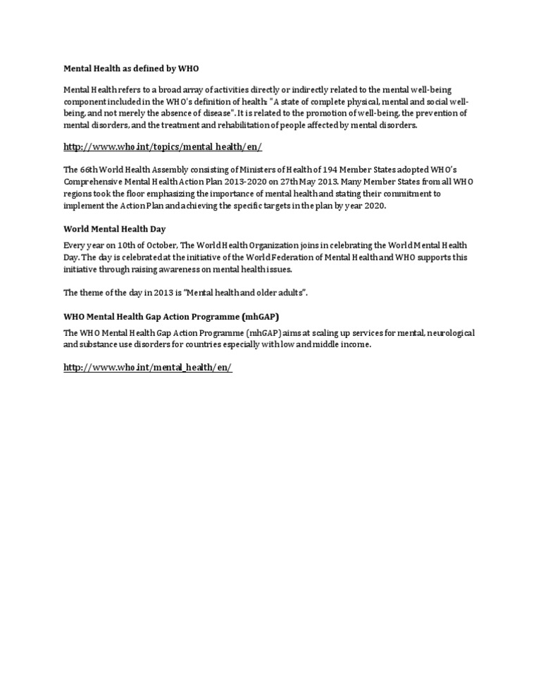 Mental Health by WHO | PDF