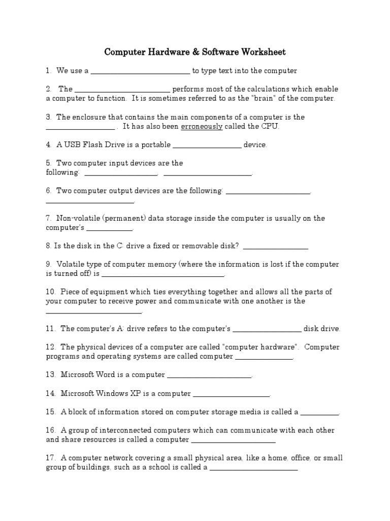 Computer Hardware Worksheet | PDF | Computer Hardware | Computer Data ...
