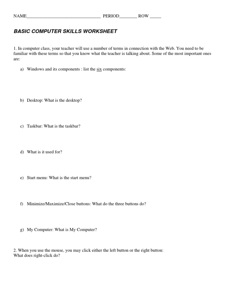 Basic Computer Skills Worksheet | PDF | Ibm Pc Compatibles | Graphical ...