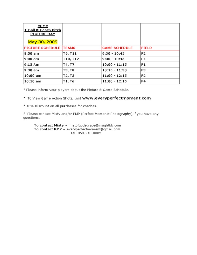 CUMC T-Ball Picture Day Schedule | PDF