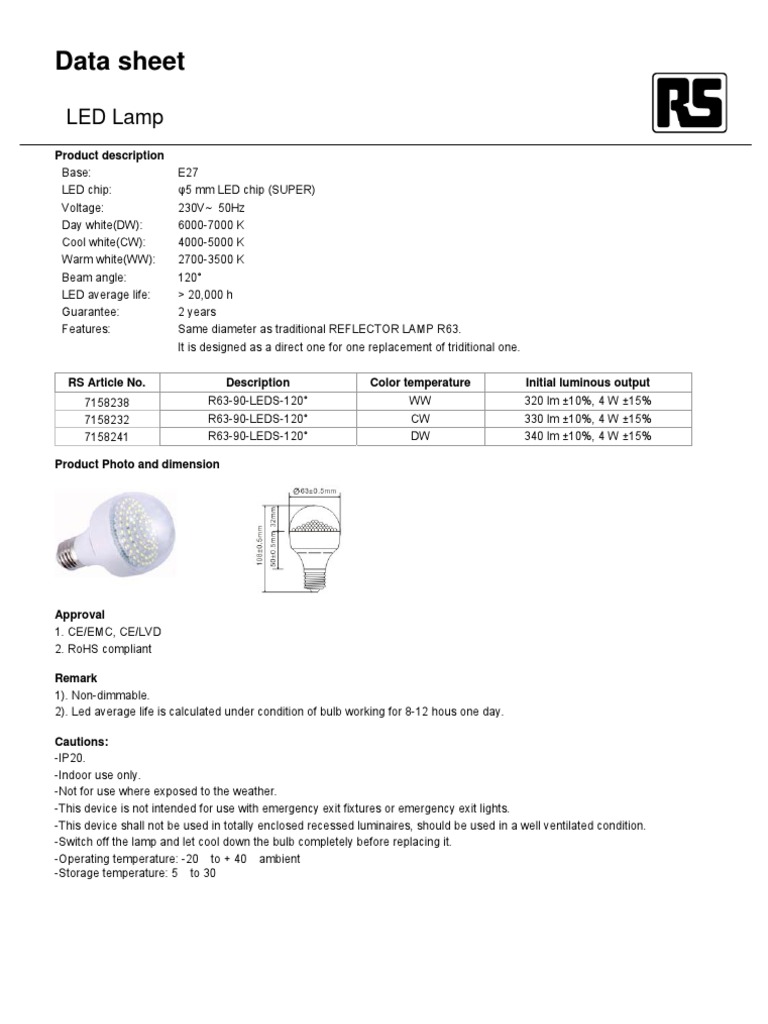 Data Sheet: LED Lamp | PDF | Light Emitting Diode | Electromagnetic ...