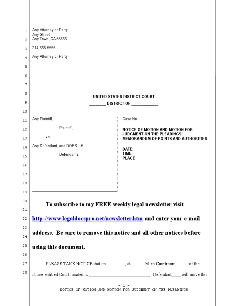 Sample Motion For Judgment On The Pleadings Under Rule 12 (C) in United ...