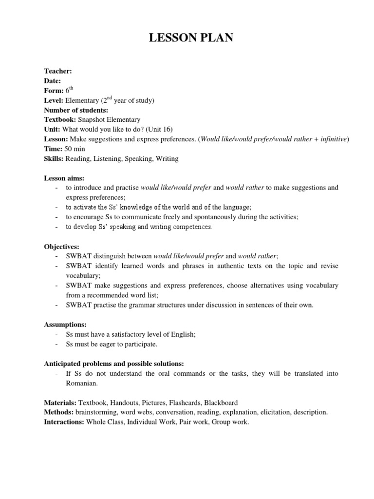 0 Lesson Plan Would Like | PDF | Lesson Plan | Question