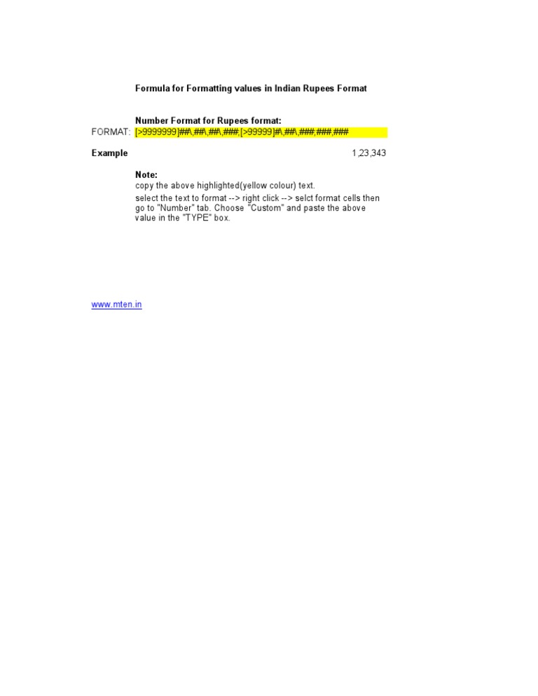 Formatting Rupees Format in Excel | PDF