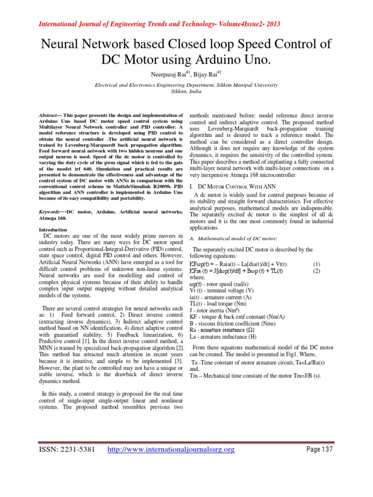 Neural Network Based Closed Loop Speed Control of DC Motor Using Arduino Uno. | PDF | Electric ...