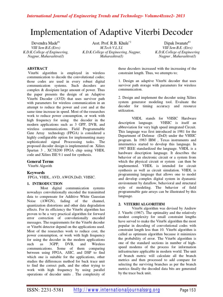 Implementation of Adaptive Viterbi Decoder | PDF | Vhdl | Electronics