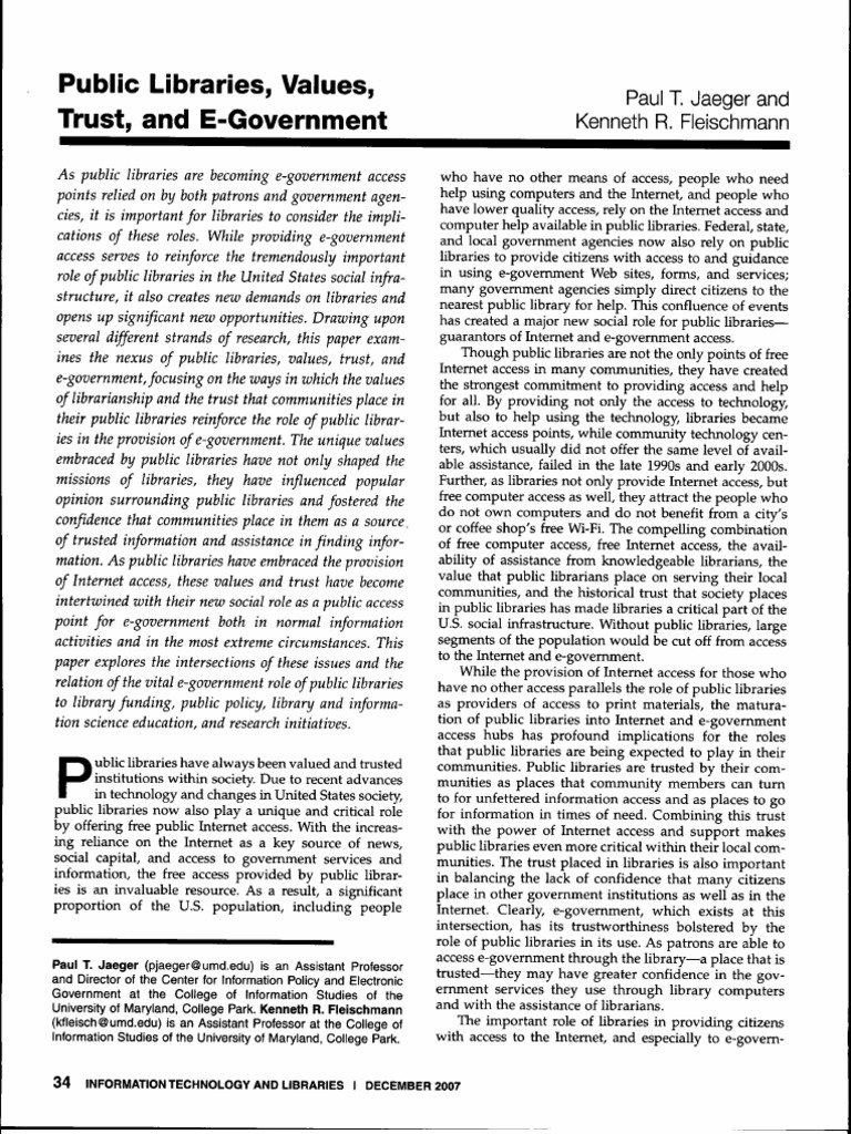 Public Libraries, Values, Trust, and E-Government: Paul T Jaeger and ...