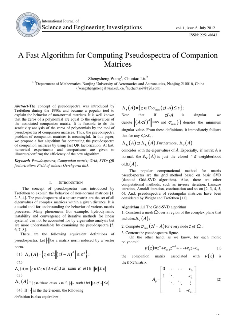 A Fast Algorithm For Computing Pseudospectra Of Companion Matrices Pdf Matrix Mathematics 