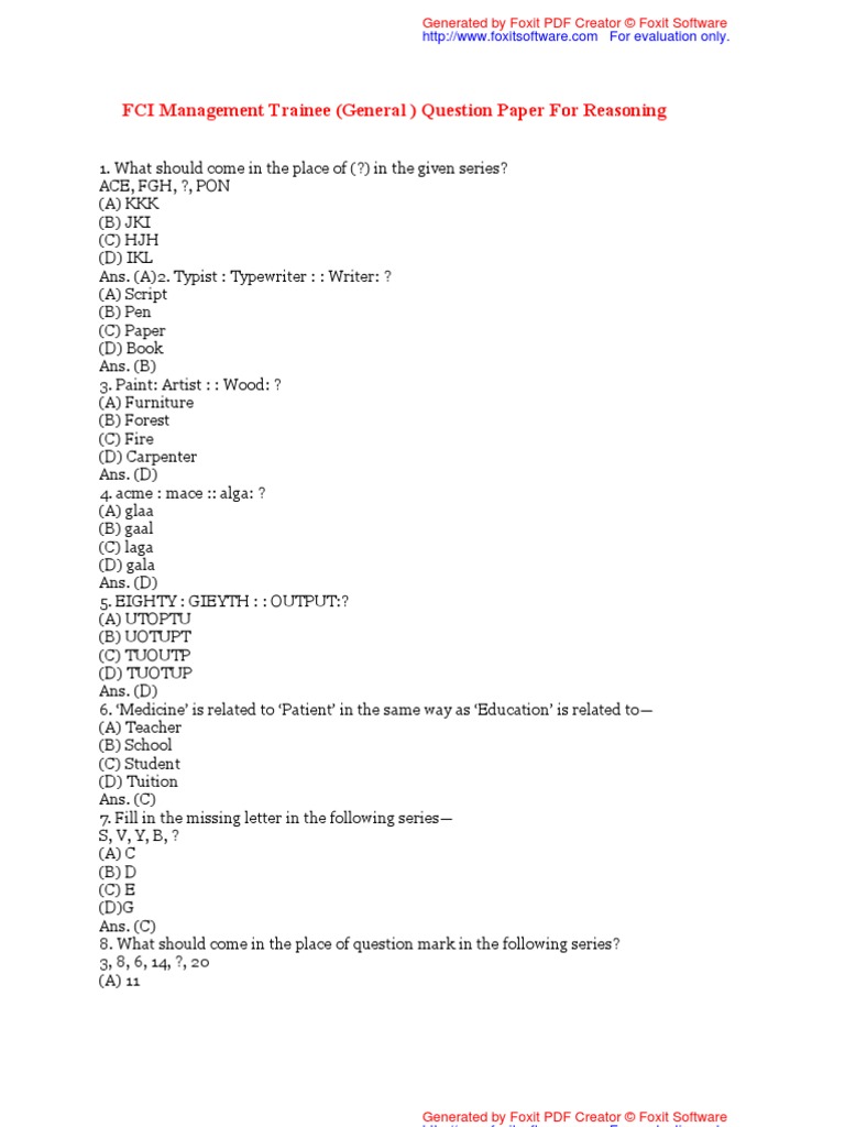 FCI Management Trainee (General) Question Paper For Reasoning | PDF