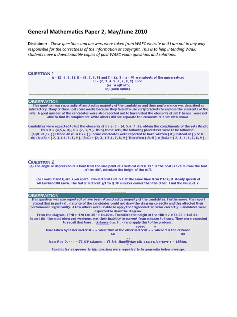 WAEC Mathematics Past Questions and Answers May June 2010 ...