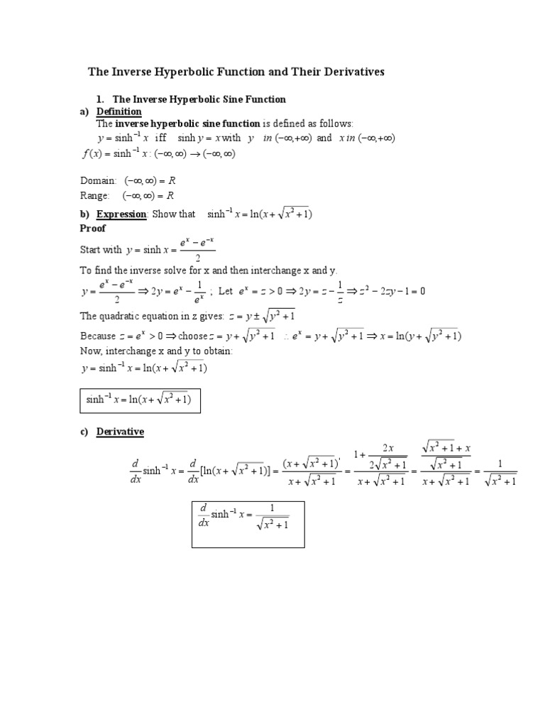 Inverse Hyperbolic Functions And Their Derivatives Pdf Trigonometric Functions Function