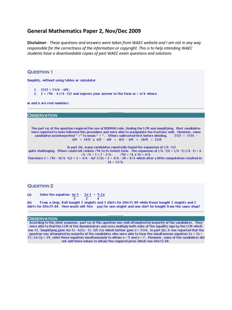 WAEC Mathematics Past Questions and Answers Nov Dec 2009 | PDF | Circle ...