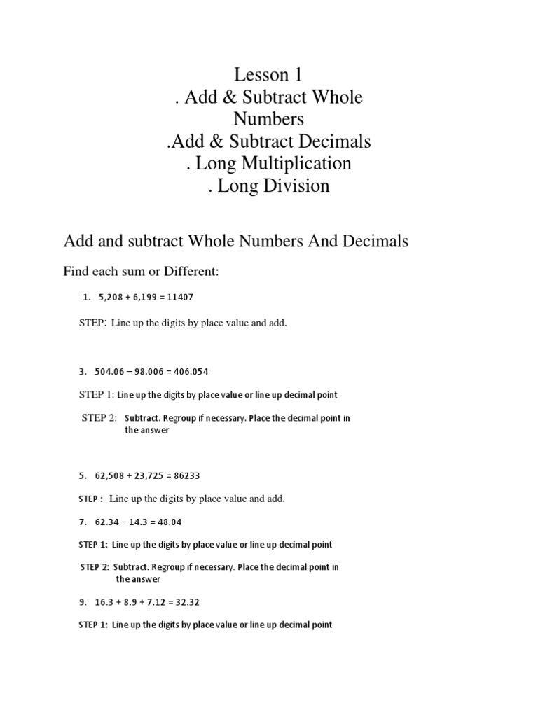 Lesson 1 - Add & Subtract Whole Numbers .Add & Subtract Decimals - Long ...