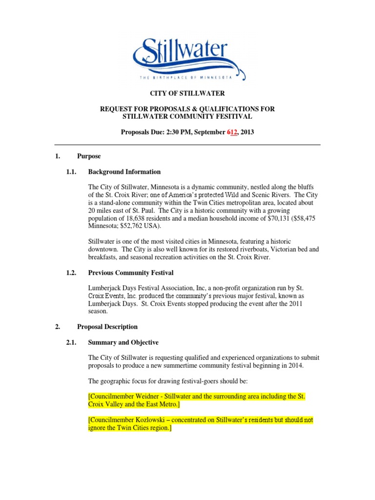 Draft of RFP For Lumberjack Days Replacement Festival | PDF | Request ...