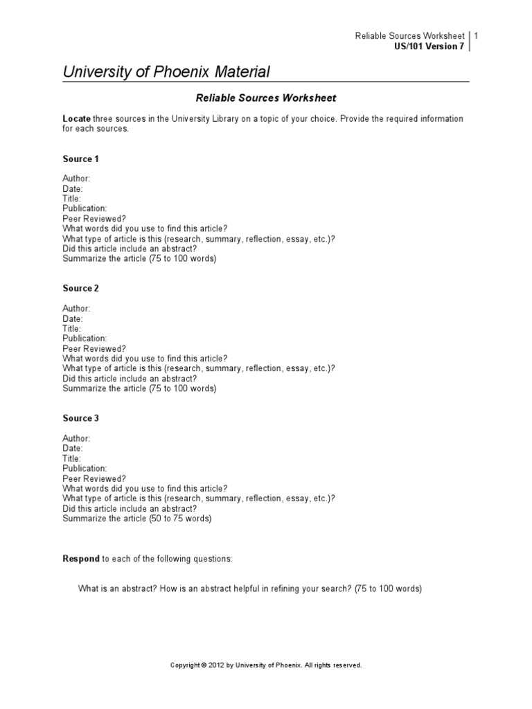 University of Phoenix Material: Reliable Sources Worksheet | PDF ...