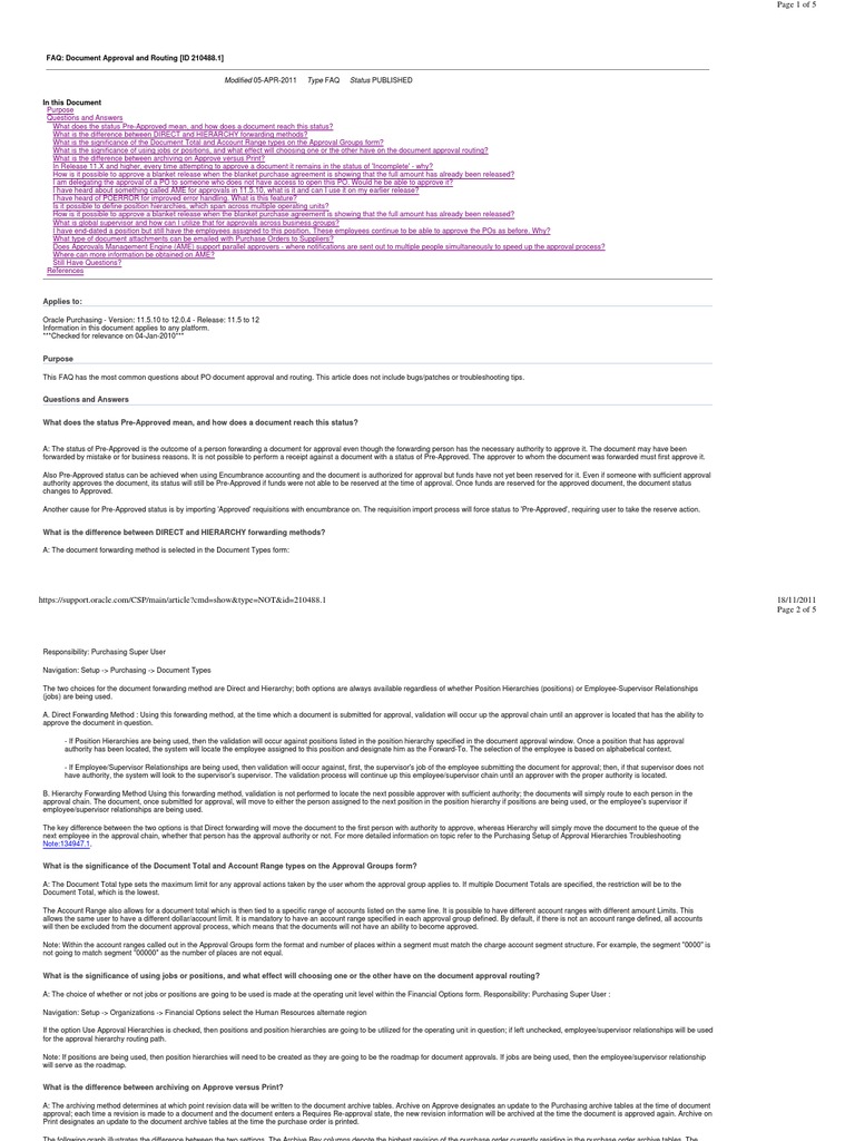 FAQ - Document Approval and Routing ID 210488.1 | PDF | Hierarchy ...