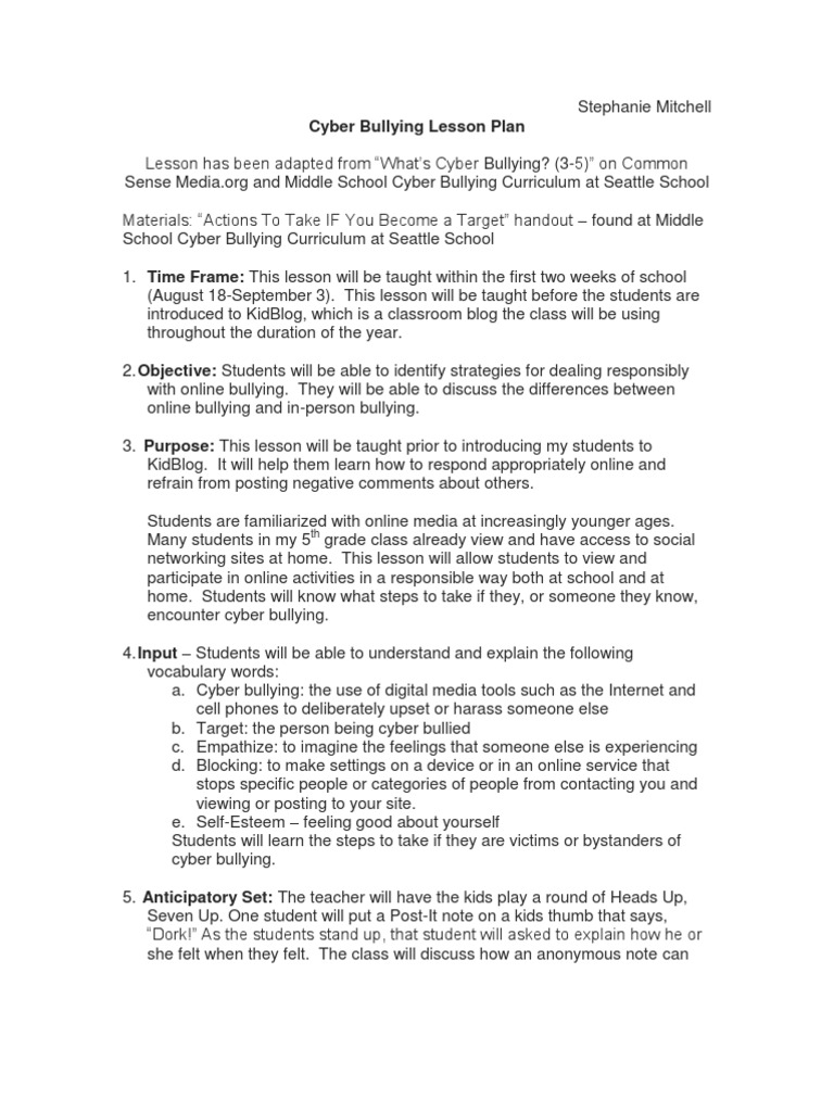Cyber Bullying Lesson Plan | PDF | Cyberbullying | Bullying