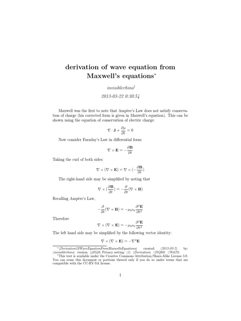 Derivation of Wave Equation From Maxwell's Equations | PDF | Teaching ...