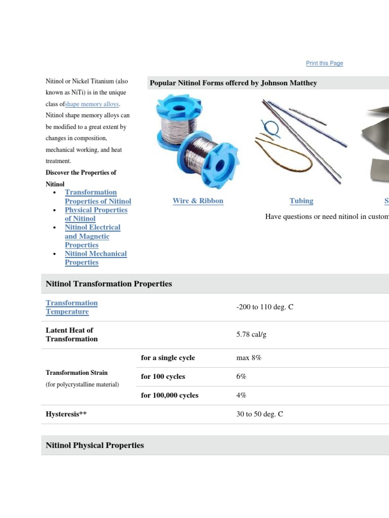 Popular Nitinol Forms Offered by Johnson Matthey | PDF | Production And ...